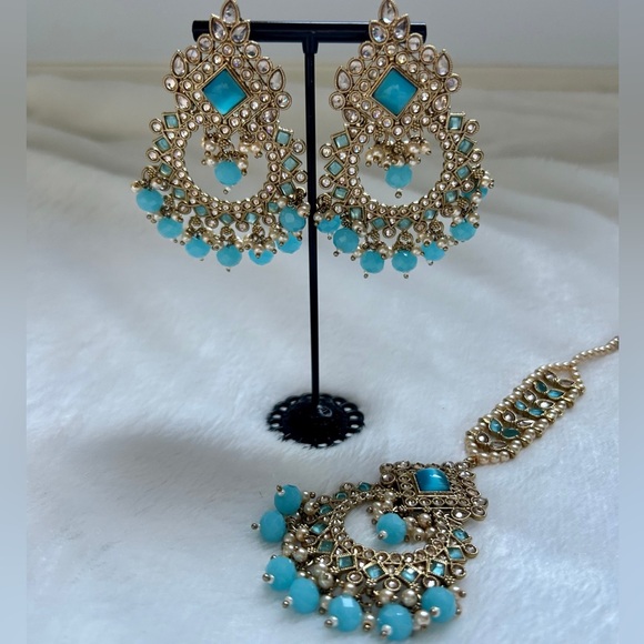 Ethnic Indian Wear | Jewelry | Ferozi Blue Polki Tikka Set | Poshmark